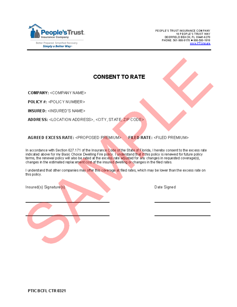 Consent to Rate Form - People's Trust Insurance Company