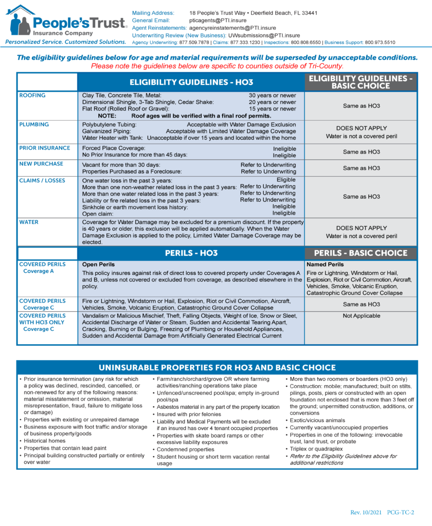 Product Comparison Guide - People's Trust Insurance Company